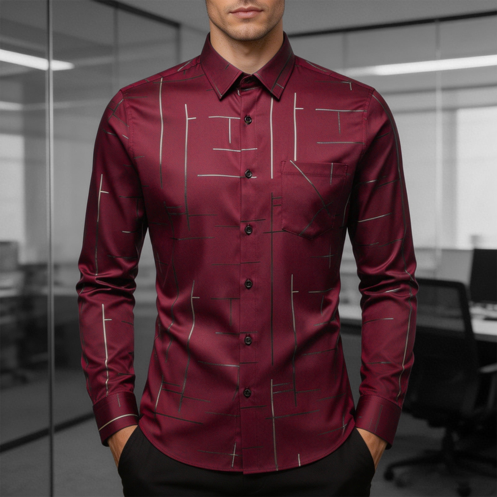 Ceisia Men's Geometric Line Print Long Sleeve Dress Shirt With Chest ...