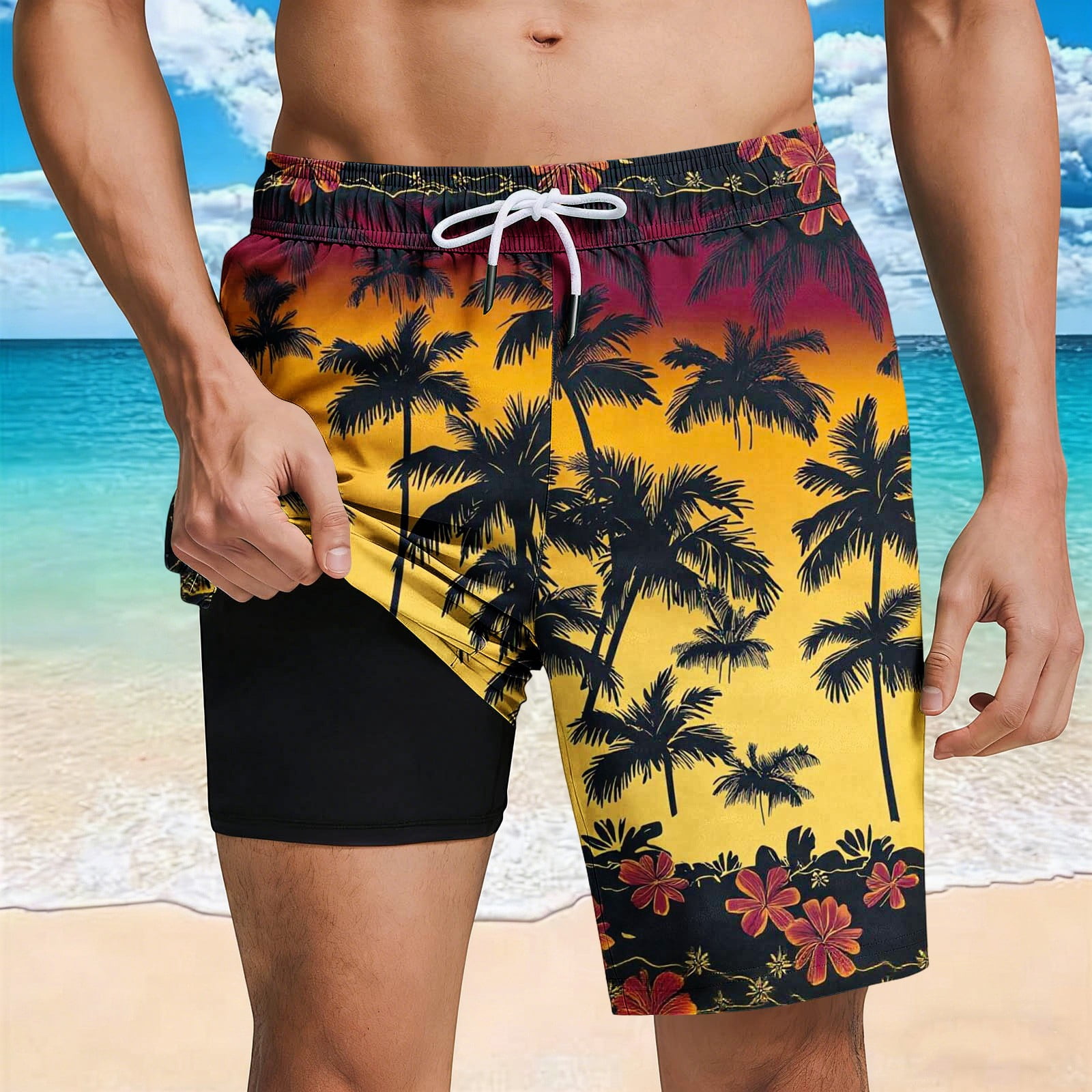 Ceisia Men's Gradient Sunset Palm Print Beach Shorts with Quick Dry ...