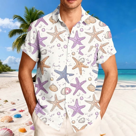 Ceisia Men's Hawaiian Starfish & Shell Print Short Sleeve Shirt | White ...