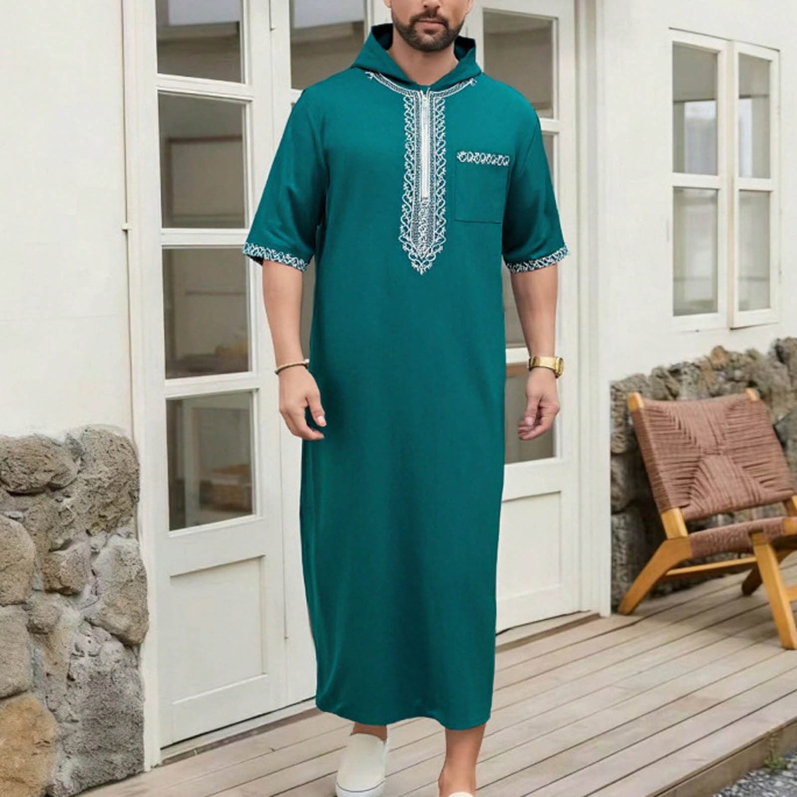 Ceisia Men's Hooded Traditional Ankle-Length Robe | White Embroidered ...