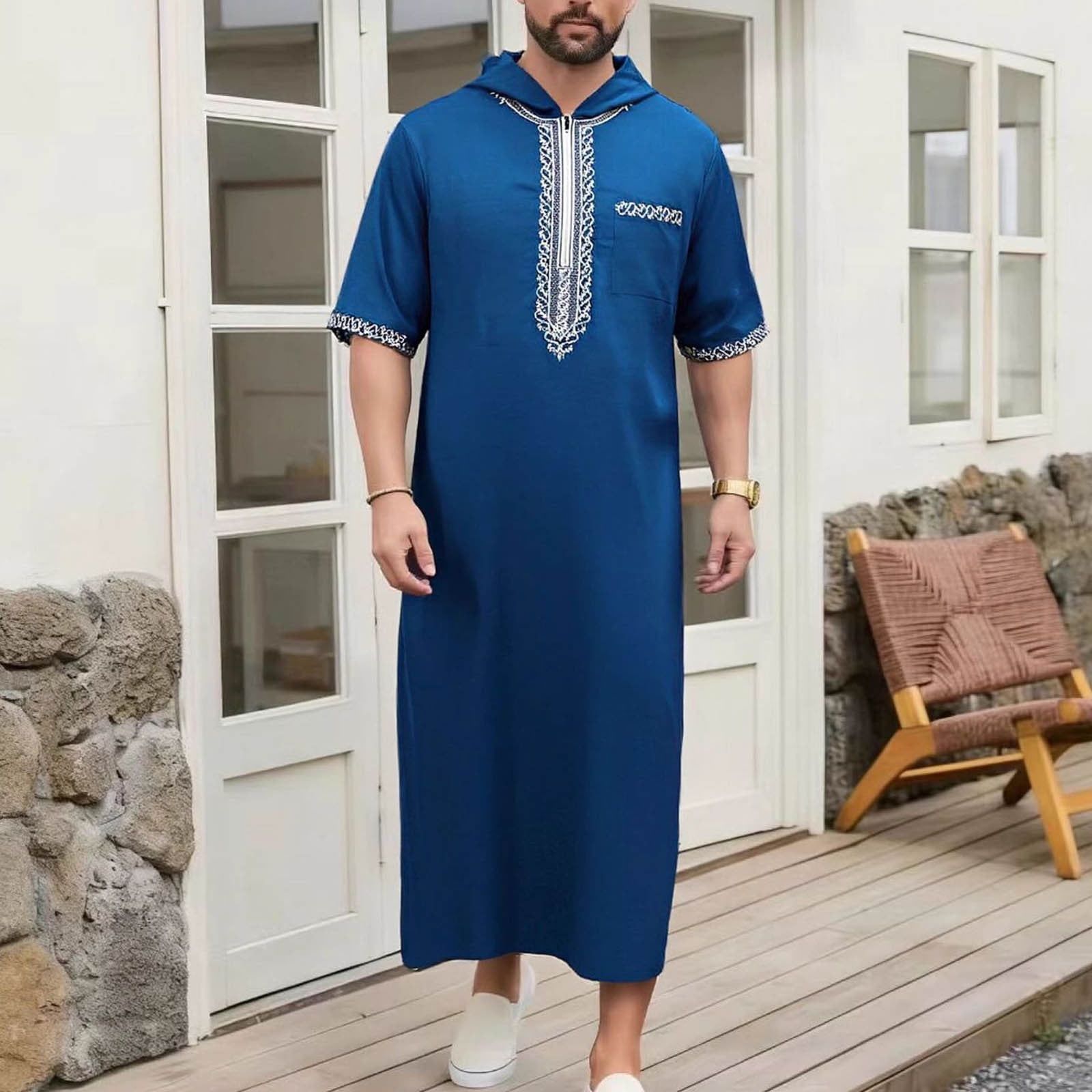 Ceisia Men's Hooded Traditional Ankle-Length Robe | White Embroidered ...