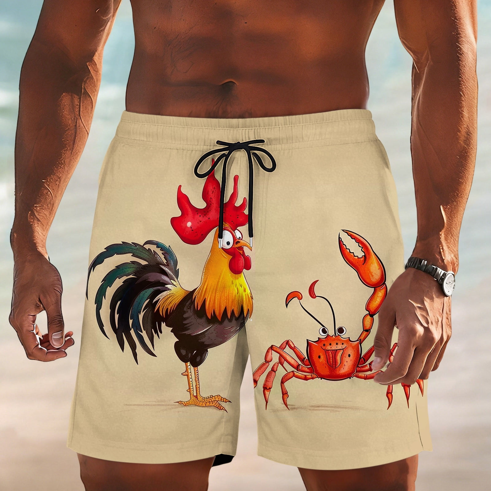 Ceisia Men's Khaki Cartoon Rooster & Crab Print Beach Shorts 4-Way ...