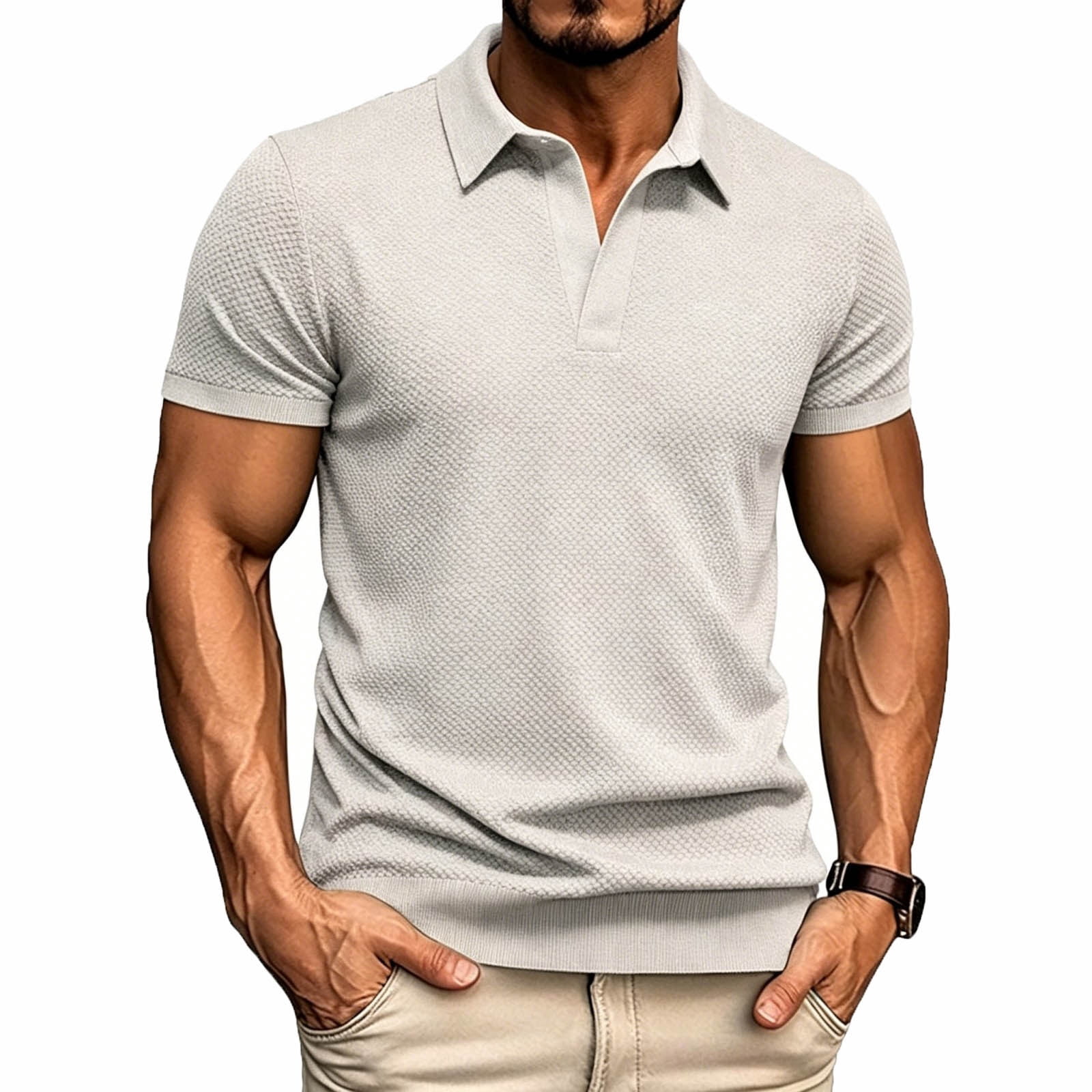 Ceisia Men's Knit Textured Polo Shirt V Neck Short Sleeve Casual ...