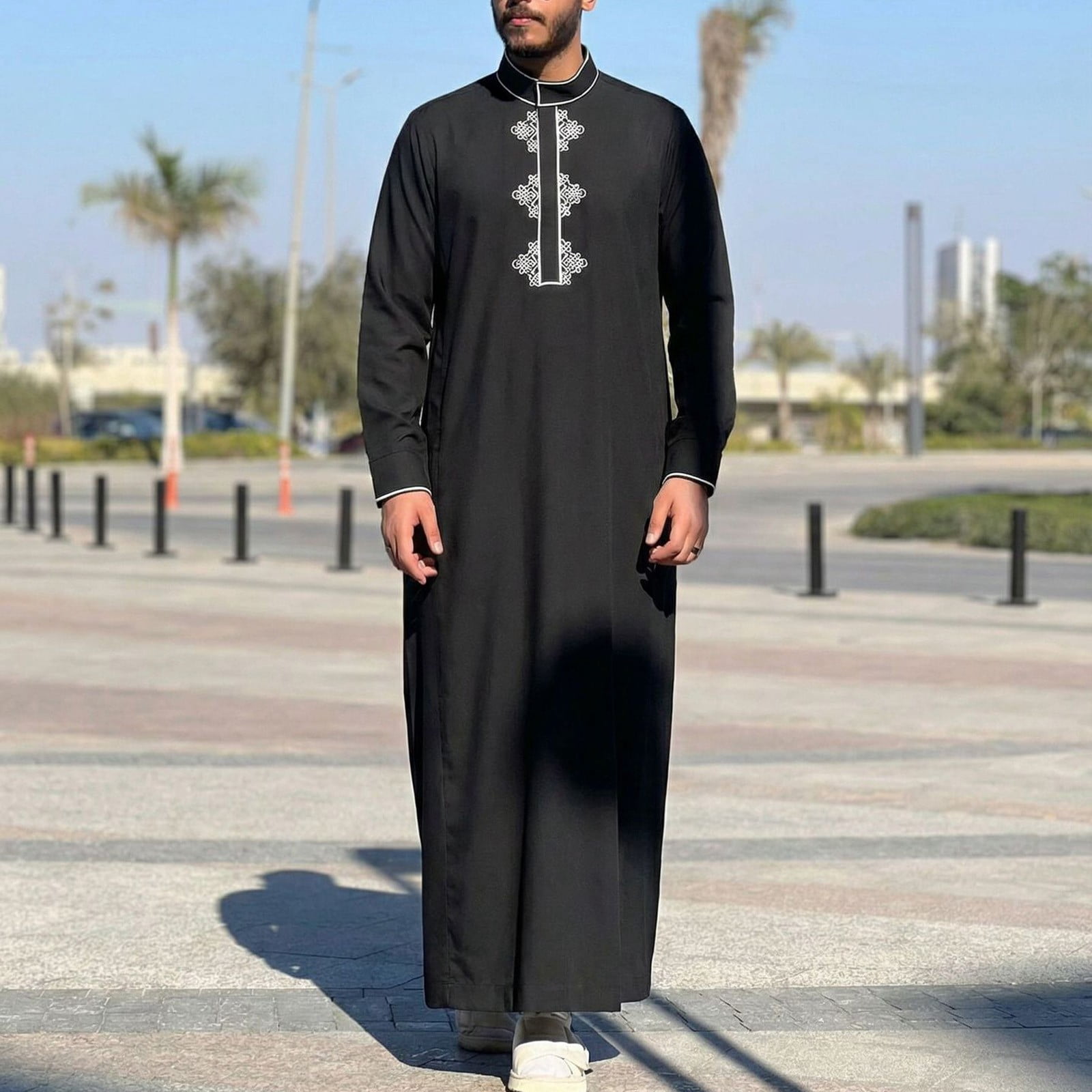 Ceisia Men's Long Sleeve Stand Collar Islamic Thobe Arabic Robe ...