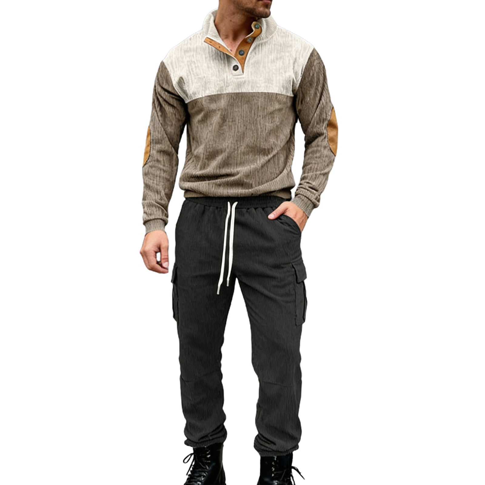 Ceisia Men's Loose Fit Corduroy Henley Neck Color-Block Top & Cargo ...