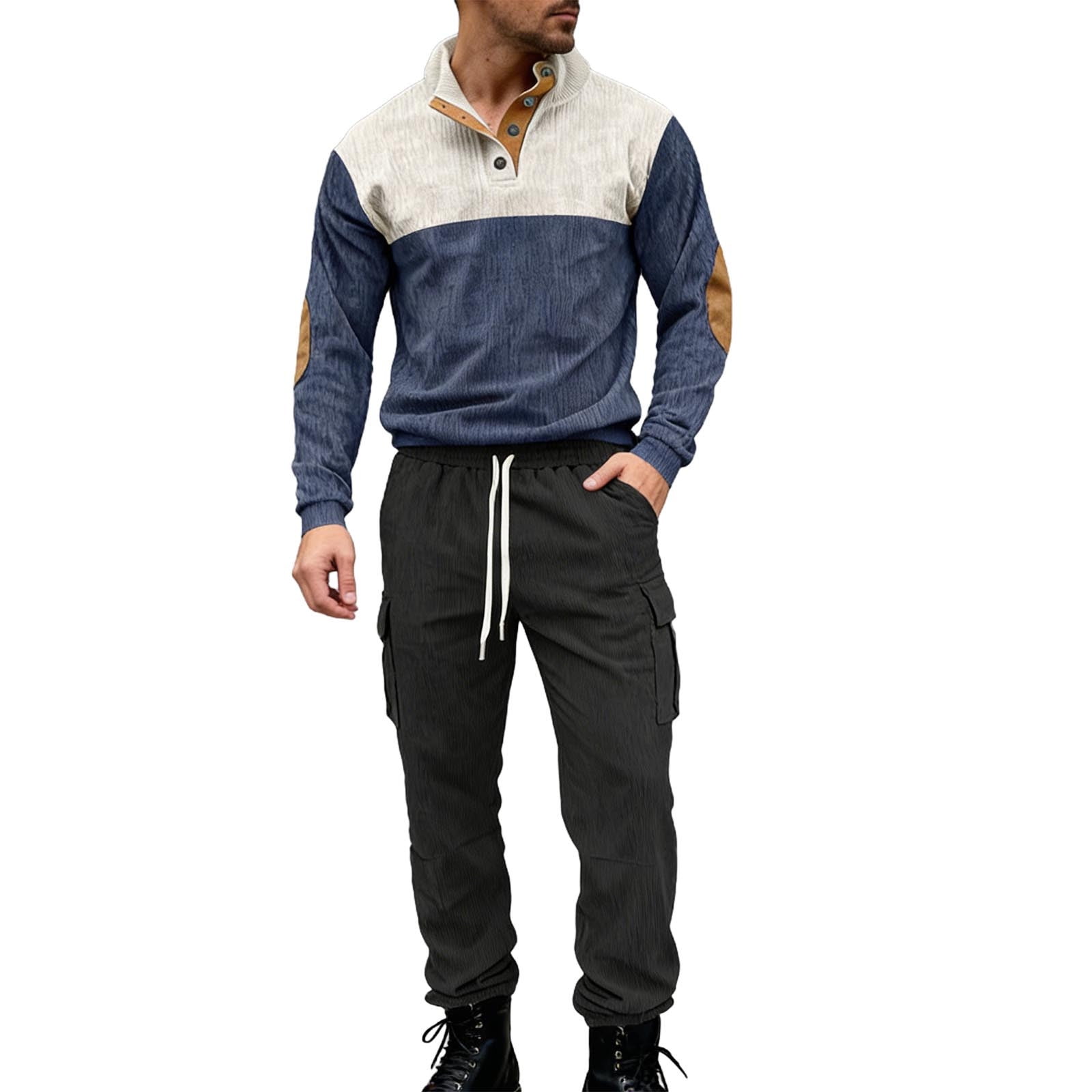 Ceisia Men's Loose Fit Corduroy Henley Neck Color-Block Top & Cargo ...