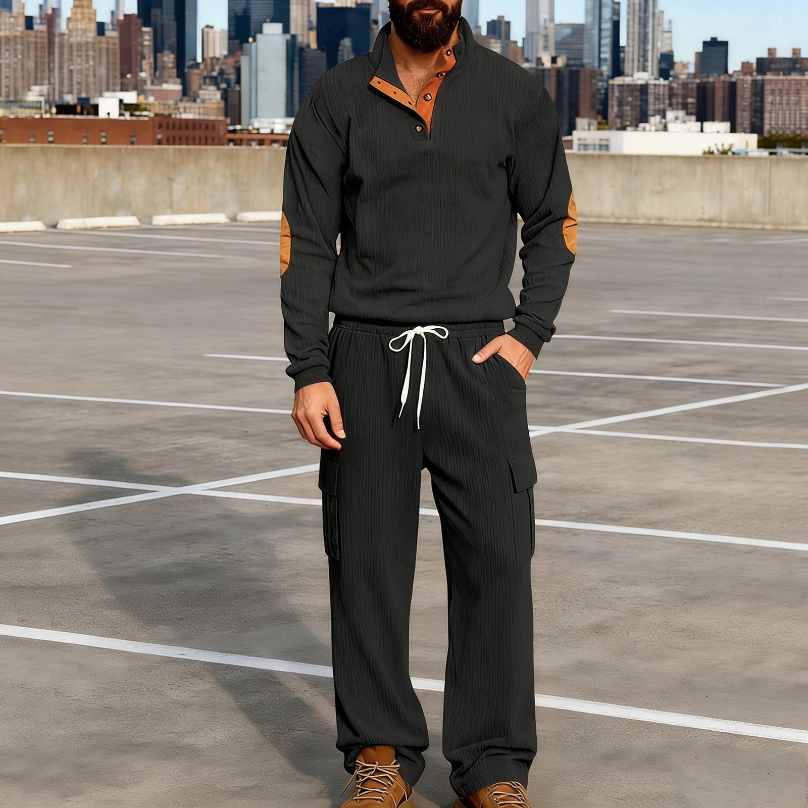 Ceisia Men's Loose Fit Corduroy Henley Neck Top & Cargo Pants Set ...