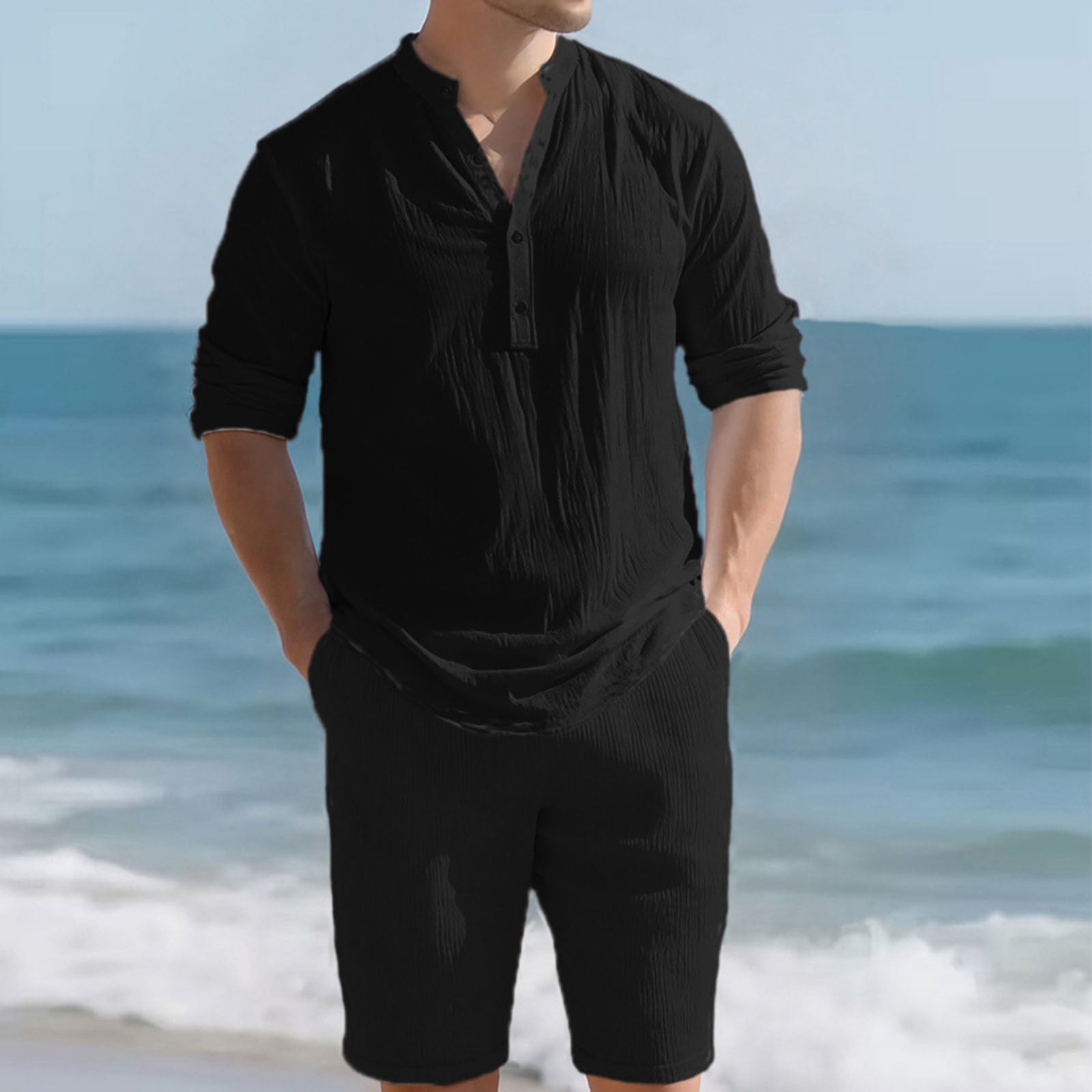 Ceisia Men's Loose Fit Pre-Shrunk Cotton-Linen Henley Top & Shorts Set ...
