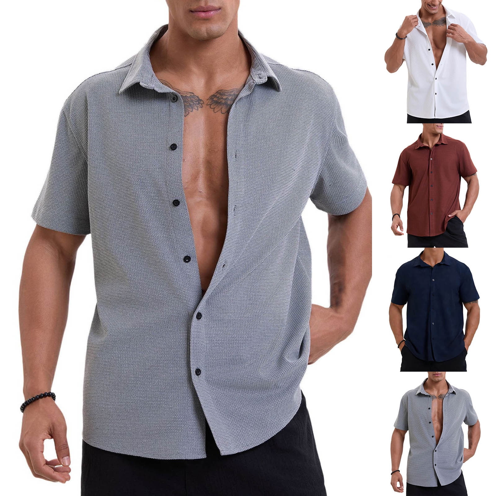 Ceisia Men's Loose Fit Short-Sleeve Casual Shirt Fine Grid Texture ...