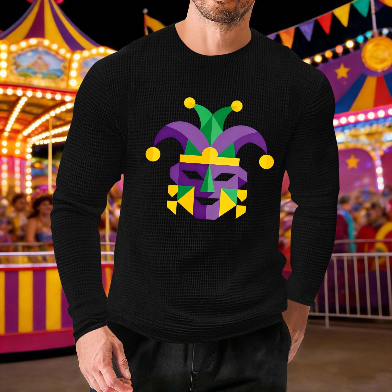 Ceisia Men's Mardi Gras Geometric Jester Mask Print Waffle Knit Crew ...