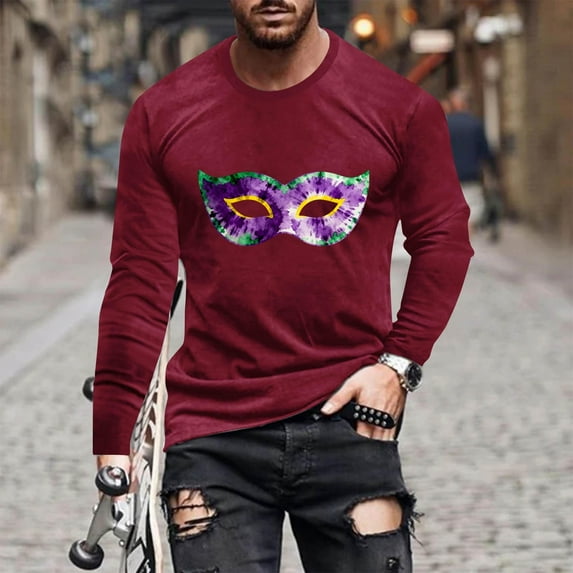 Ceisia Men's Mardi Gras Mask Print T-Shirt | Slim Long-Sleeve Crewneck ...