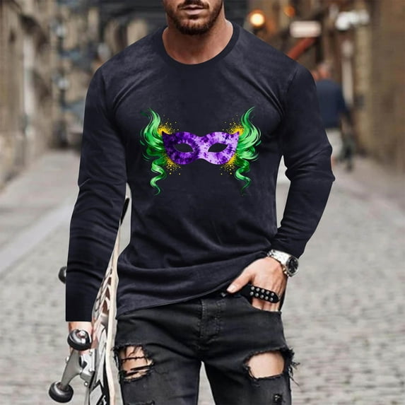 Ceisia Men's Mardi Gras Mask Print T-Shirt | Slim Long-Sleeve Crewneck ...