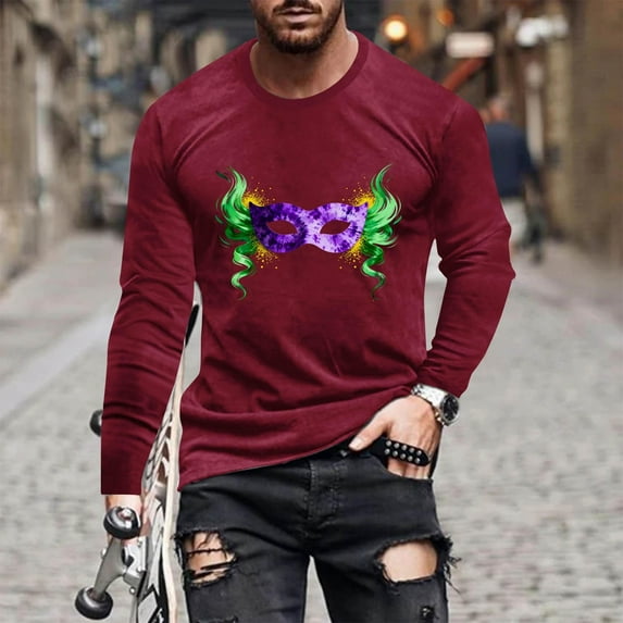 Ceisia Men's Mardi Gras Mask Print T-Shirt | Slim Long-Sleeve Crewneck ...