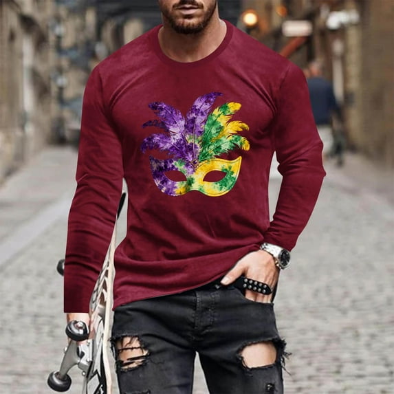 Ceisia Men's Mardi Gras Mask Print T-Shirt | Slim Long-Sleeve Crewneck ...