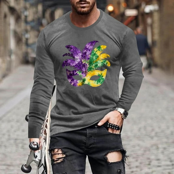 Ceisia Men's Mardi Gras Mask Print T-Shirt | Slim Long-Sleeve Crewneck ...