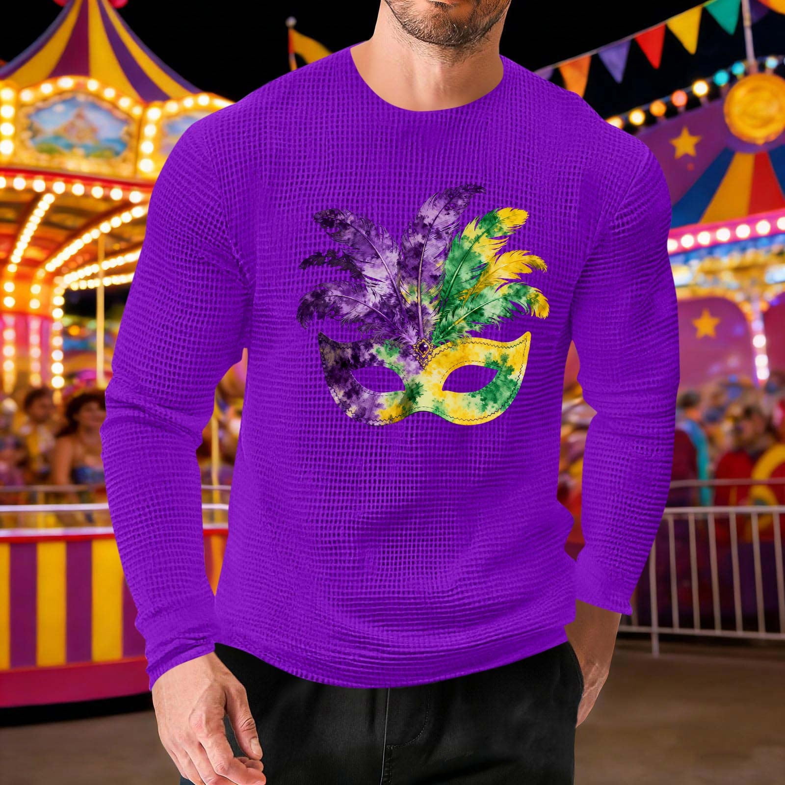 Ceisia Men's Mardi Gras Mask Print Waffle Knit Crew Neck Long Sleeve T ...