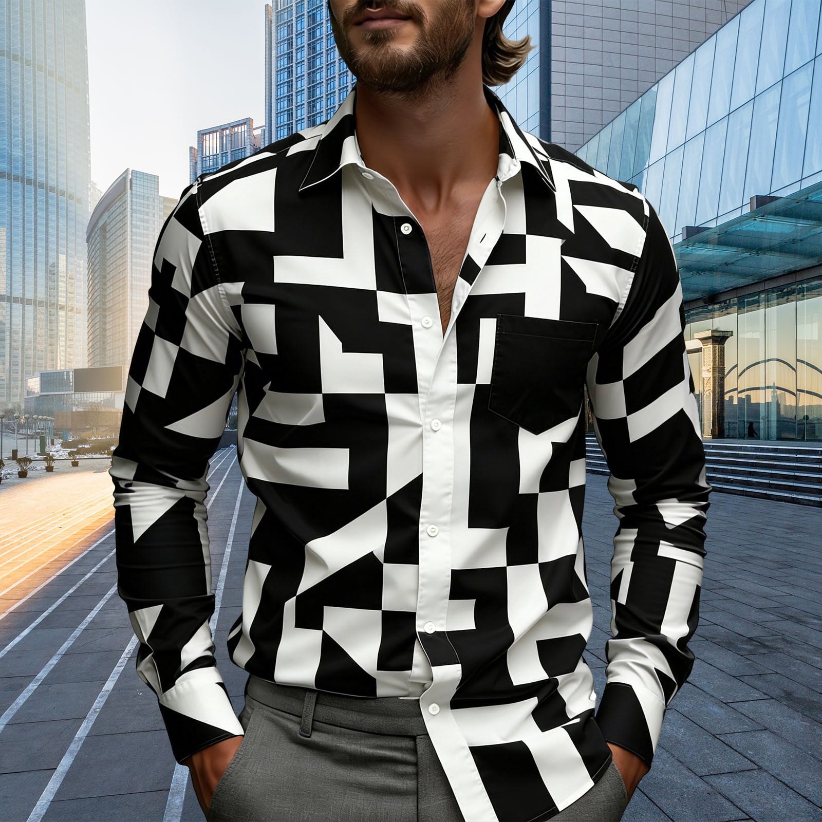 Ceisia Men's Red-Blue Wave Print Shirt | Stretchy Slim Long-Sleeve ...