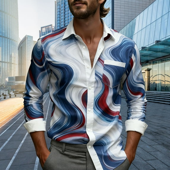 Ceisia Men's Red-Blue Wave Print Shirt | Stretchy Slim Long-Sleeve ...