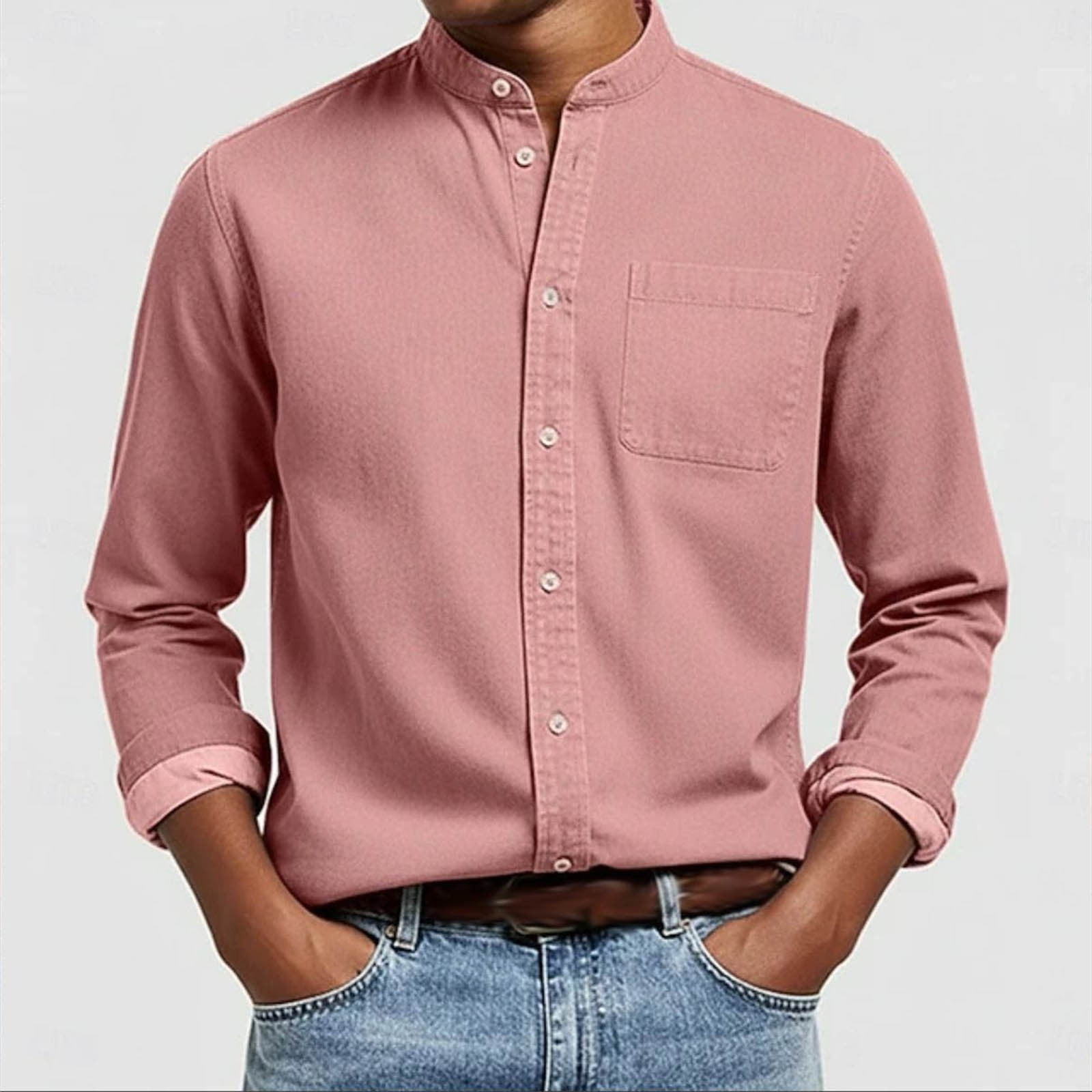 Ceisia Men's Regular-Fit Stand-Collar Single-Patch-Pocket Long-Sleeve ...