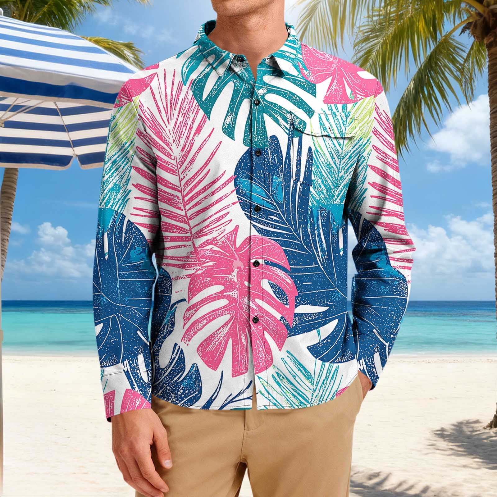 Ceisia Men's Regular-Fit Tropical Plant Print Long-Sleeve Button-Down ...