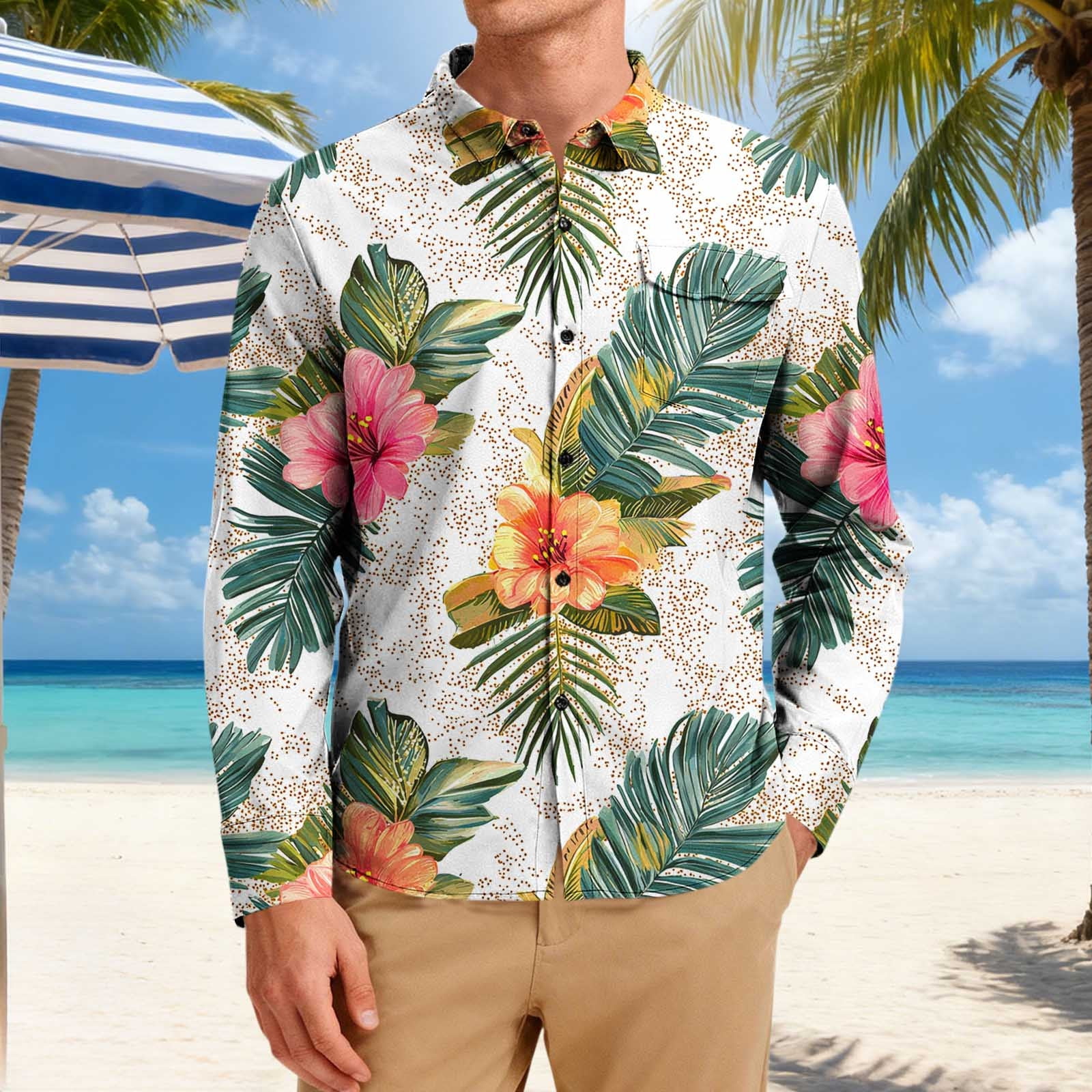 Ceisia Men's Regular-Fit Tropical Plant Print Long-Sleeve Button-Down ...