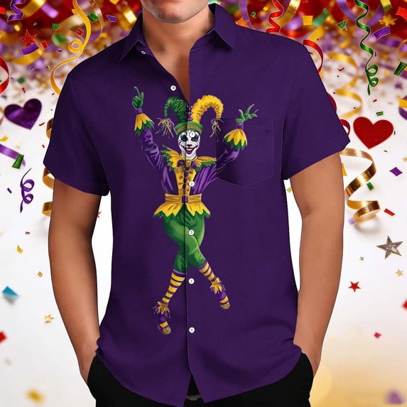 Ceisia Men's Regular Loose Short-Sleeve Mardi Gras Themed Shirt ...