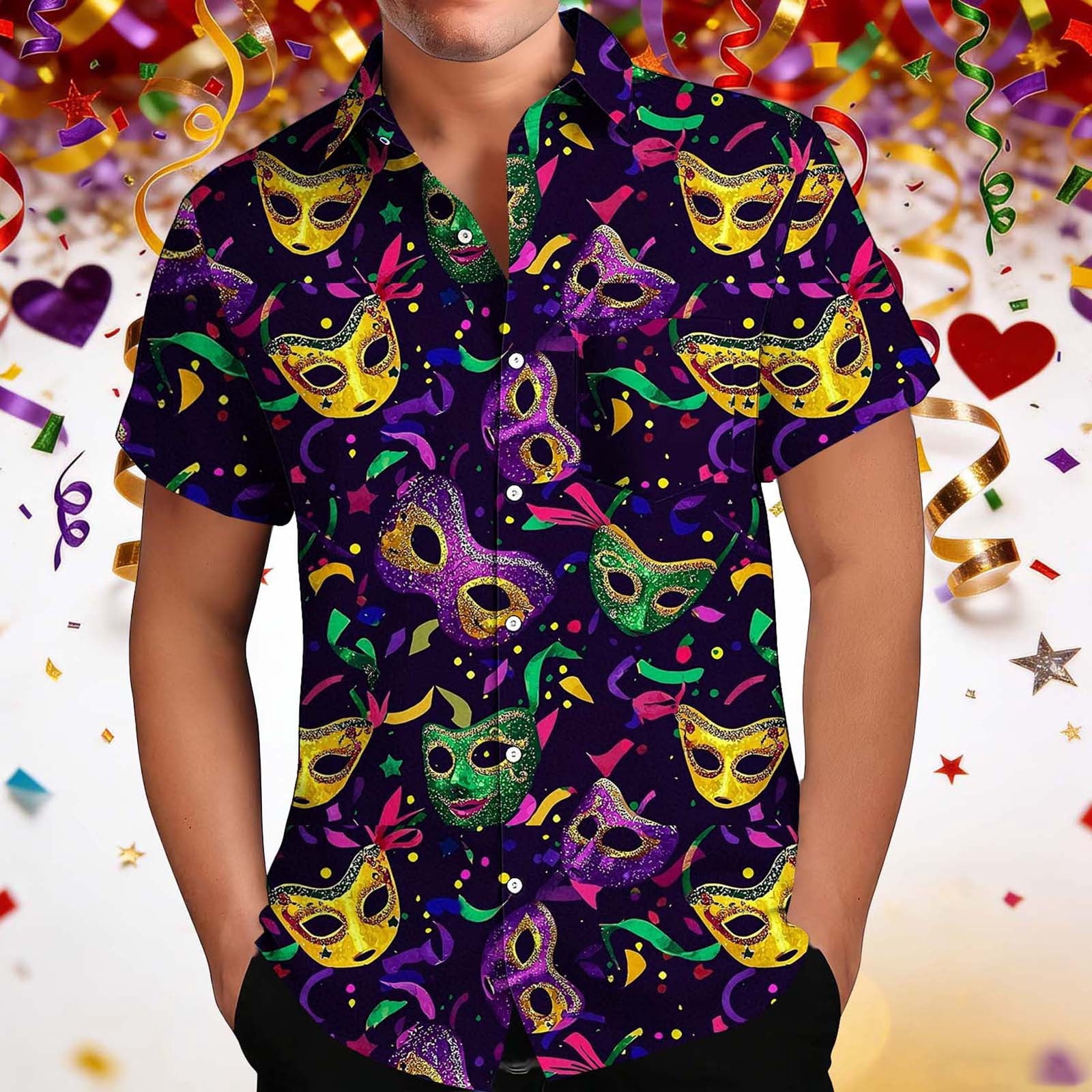 Ceisia Men's Regular Loose Short-Sleeve Mardi Gras Themed Shirt ...