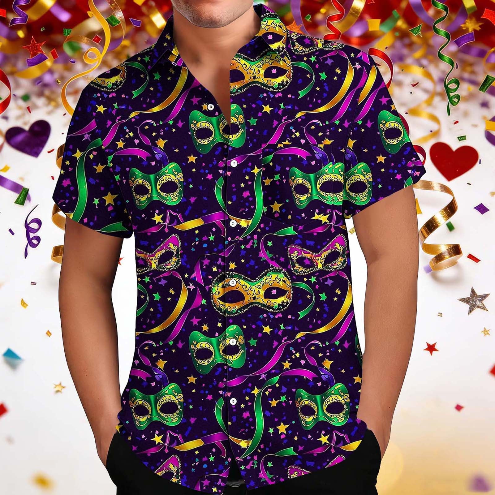 Ceisia Men's Regular Loose Short-Sleeve Mardi Gras Themed Shirt ...
