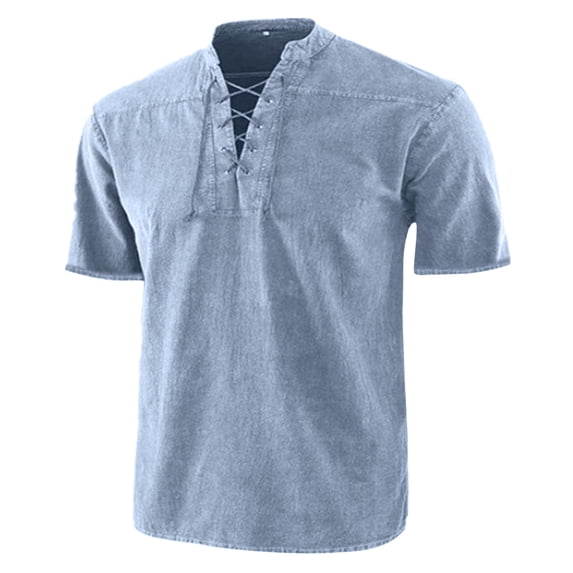 Ceisia Men's Regular Straight Short Sleeve Henley Top Lace-Up V-Neck ...