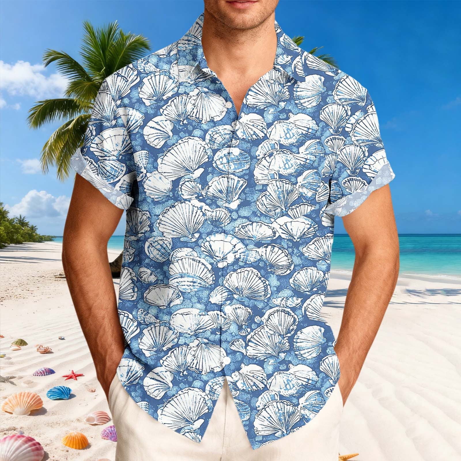Ceisia Men's Relaxed Fit Blue Seashell Marine Print Turndown Collar ...