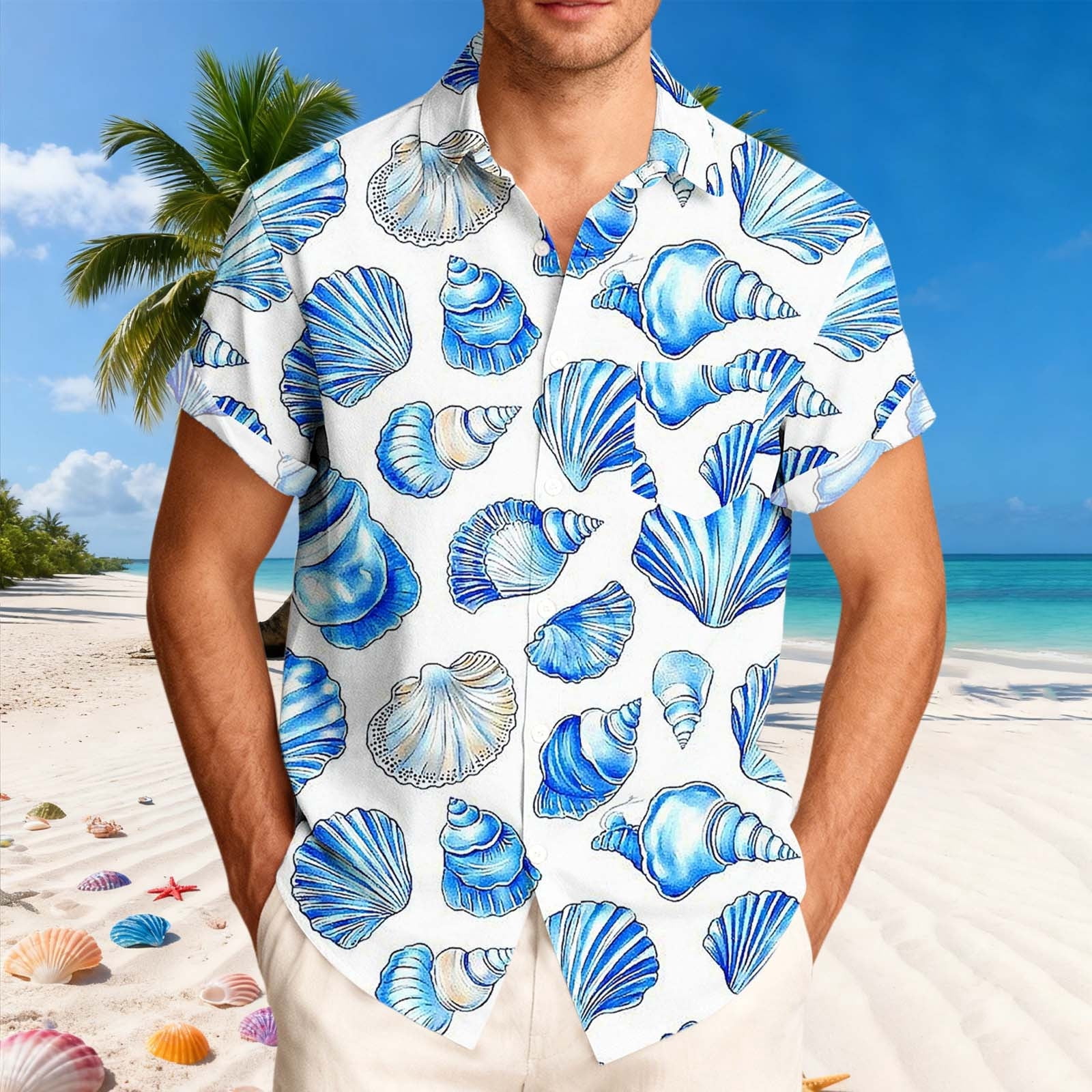 Ceisia Men's Relaxed Fit Blue Watercolor Shell Print Hawaiian Shirt ...