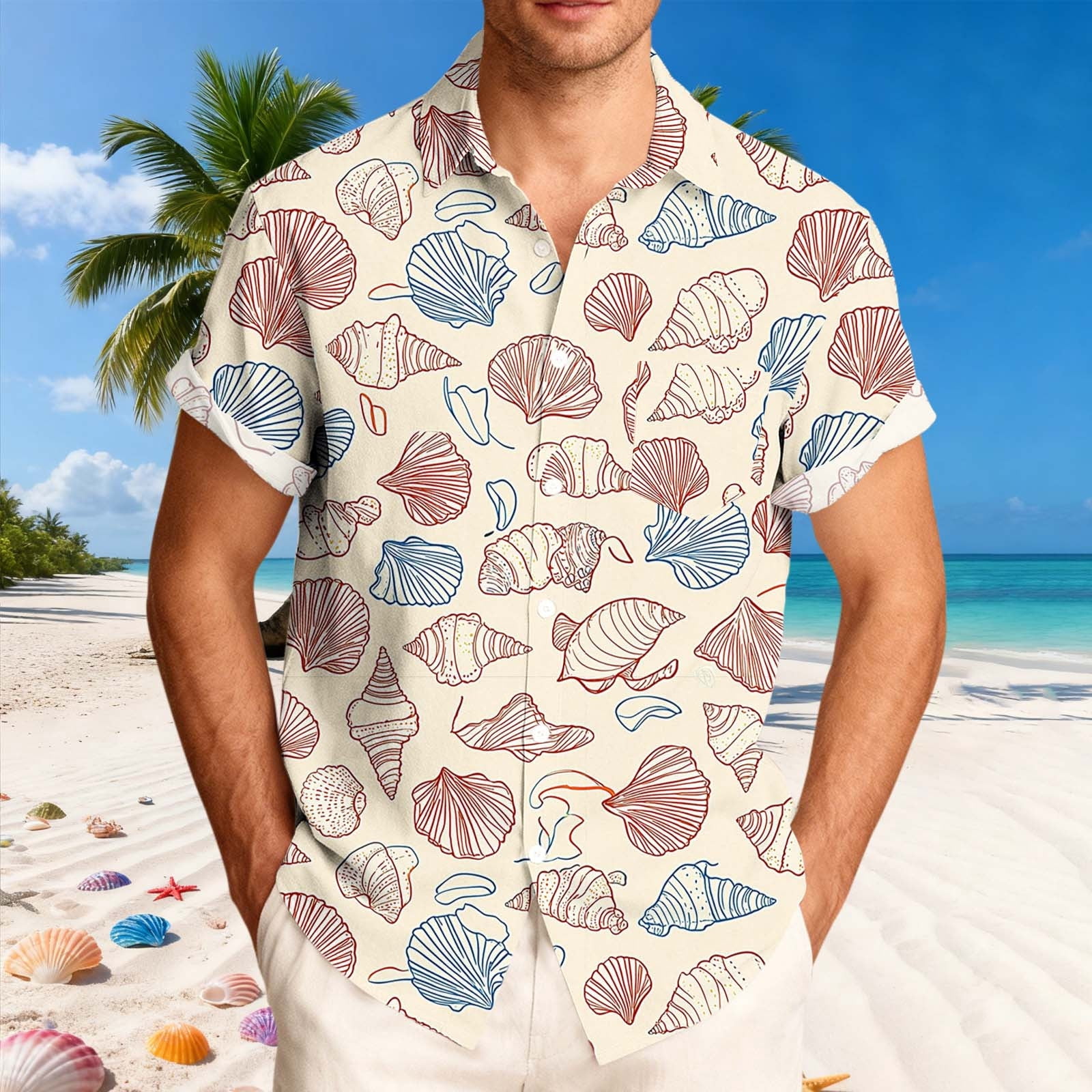 Ceisia Men's Relaxed Fit Cream & Red Blue Seashell Marine Print ...
