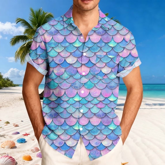 Ceisia Men's Relaxed Fit Iridescent Mermaid Scale Print Hawaiian Shirt ...