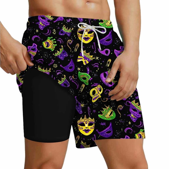 Ceisia Men's Relaxed Fit Mardi Gras Mask & Streamer Swim Trunks ...