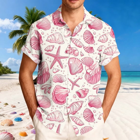 Ceisia Men's Relaxed Fit Pink Seashell & Starfish Marine Print Turndown ...