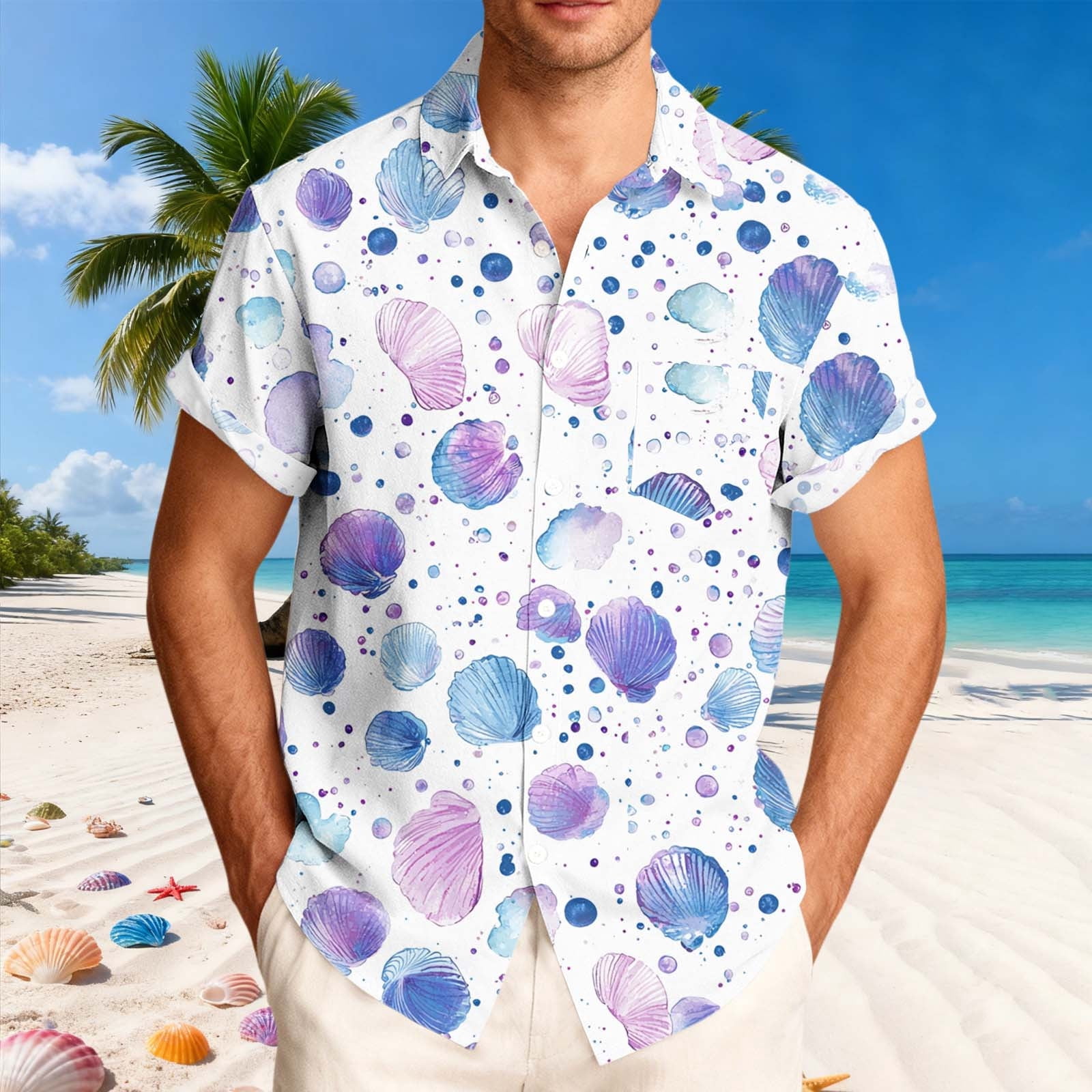 Ceisia Men's Relaxed Fit Watercolor Seashell Marine Print Turndown ...