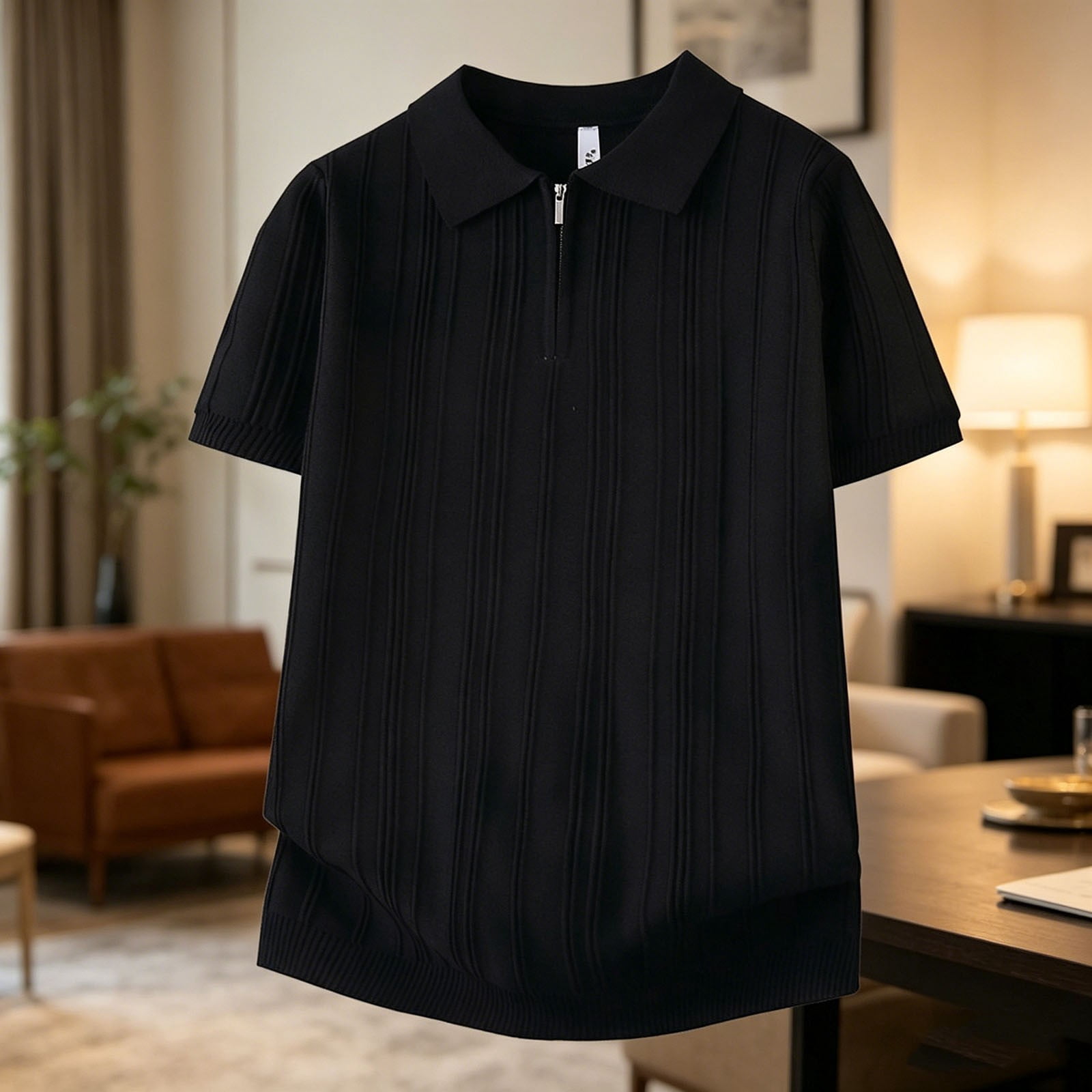 Ceisia Men's Ribbed Knit Polo Shirt Short Sleeve Half Zip Collar Slim ...
