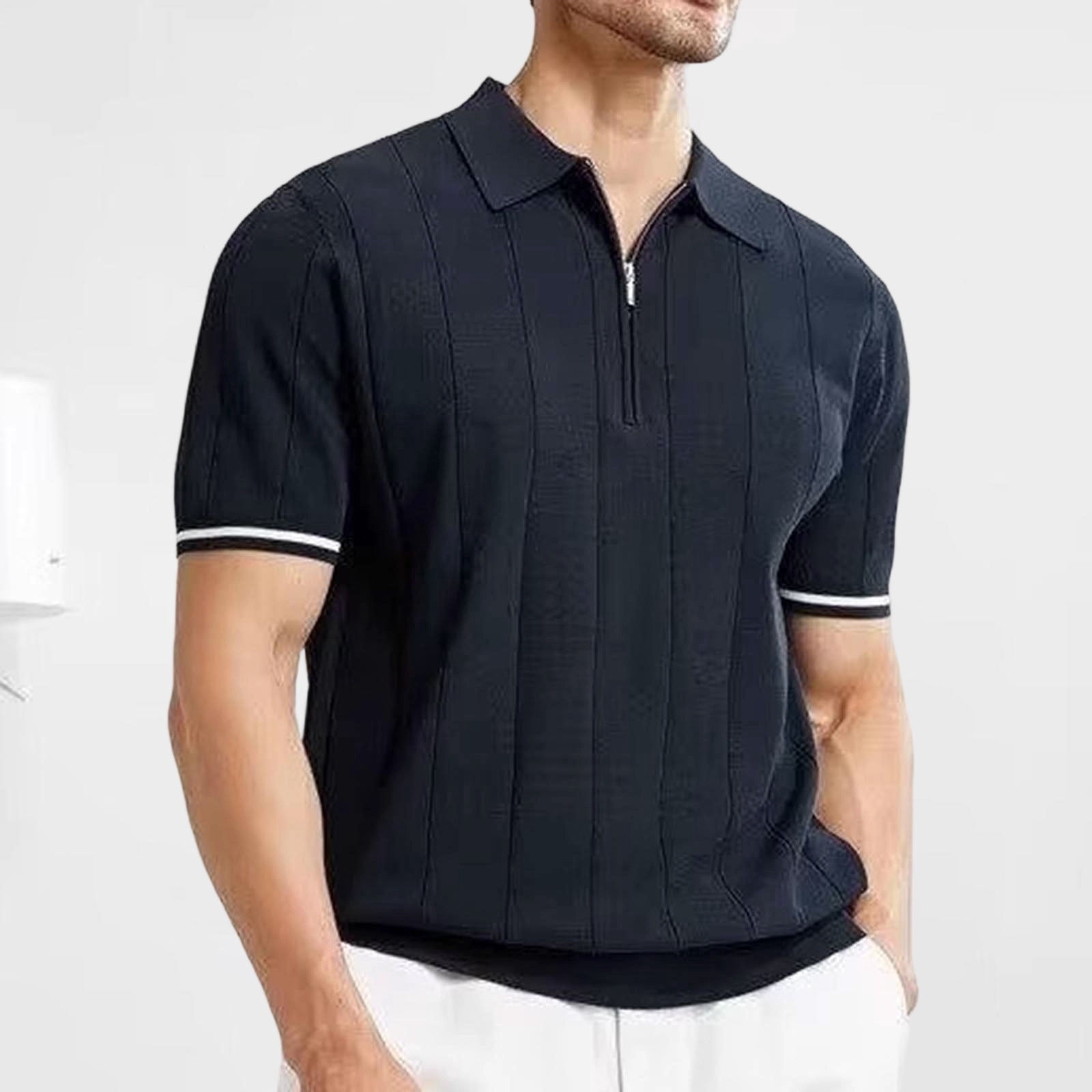 Ceisia Men's Ribbed Knit Polo Shirt Short Sleeve Half Zip Collar with ...