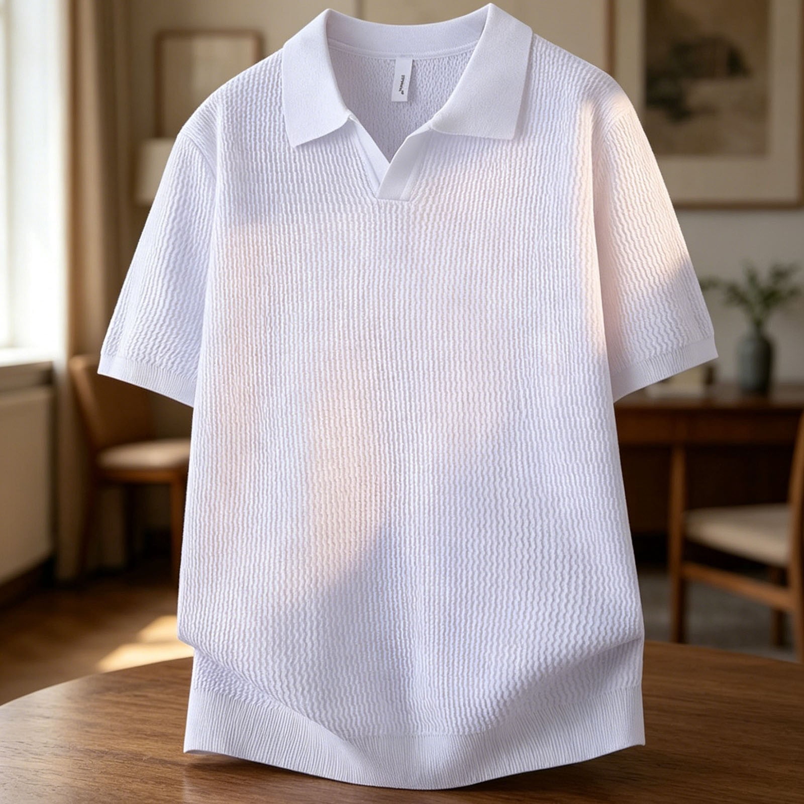 Ceisia Men's Ribbed Knit Polo Shirt Short Sleeve V-Neck Collar Slim Fit ...