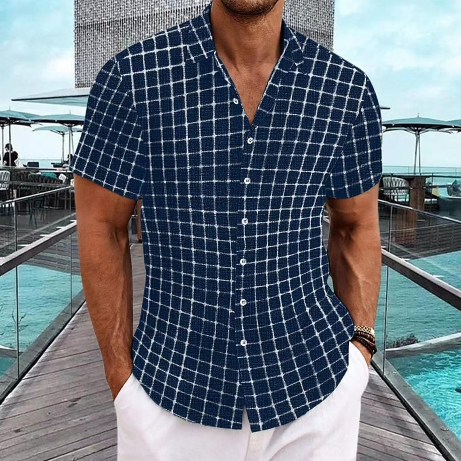 Ceisia Men's Shirt | Loose Short Sleeve Grid Texture Shirt | Stretch ...