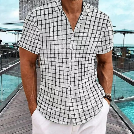 Ceisia Men's Shirt | Loose Short Sleeve Grid Texture Shirt | Stretch ...