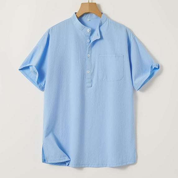 Ceisia Men's Shirt | Loose Stand Collar Short Sleeve Cotton-Linen Shirt ...