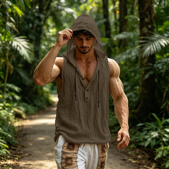 Ceisia Men's Sleeveless Hooded Henley Linen Blend Tank Top Assorted ...
