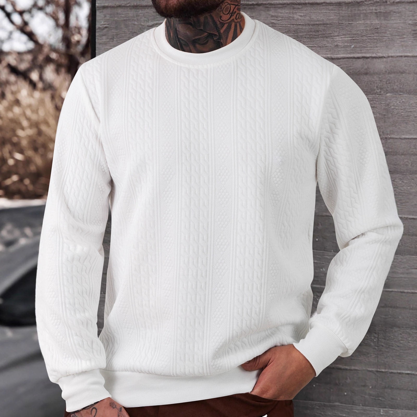 Ceisia Men's Slim Cable-Knit Crewneck Sweatshirt | Long-Sleeve Fall ...