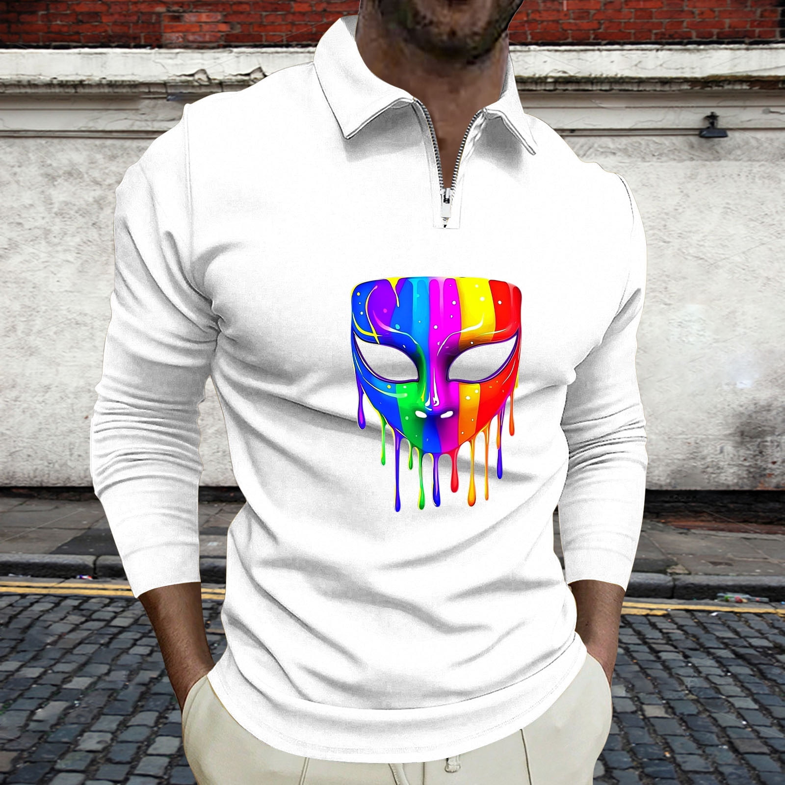 Ceisia Men's Slim-Fit Long-Sleeve Zip Polo Shirt with Graffiti Mask ...