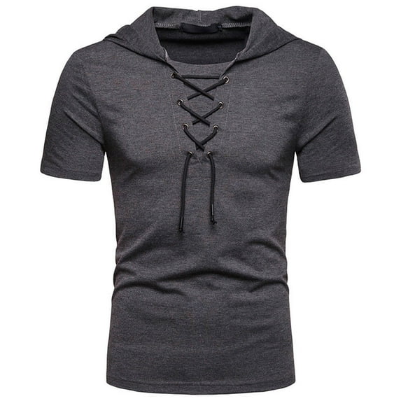 Ceisia Men's Slim Fit Short Sleeve Hooded Top Ribbed Texture Lace-Up ...