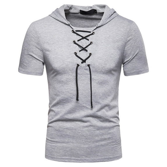 Ceisia Men's Slim Fit Short Sleeve Hooded Top Ribbed Texture Lace-Up ...