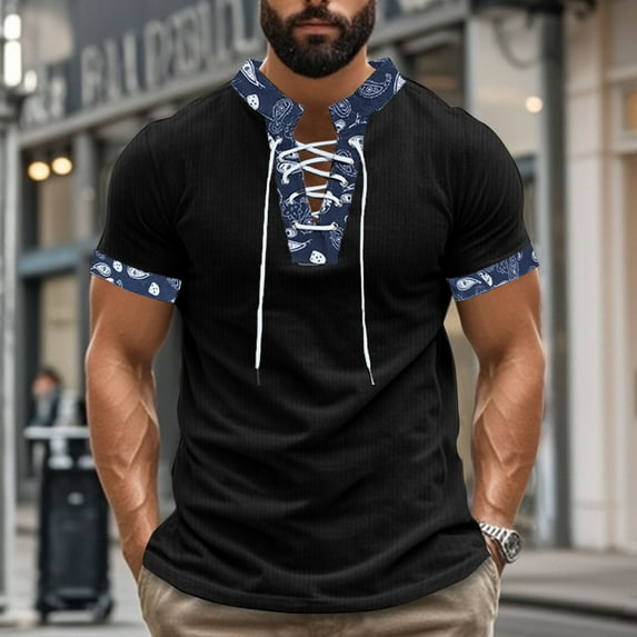 Ceisia Men's Slim Fit Short Sleeve Lace-Up Henley Top Ribbed Texture ...