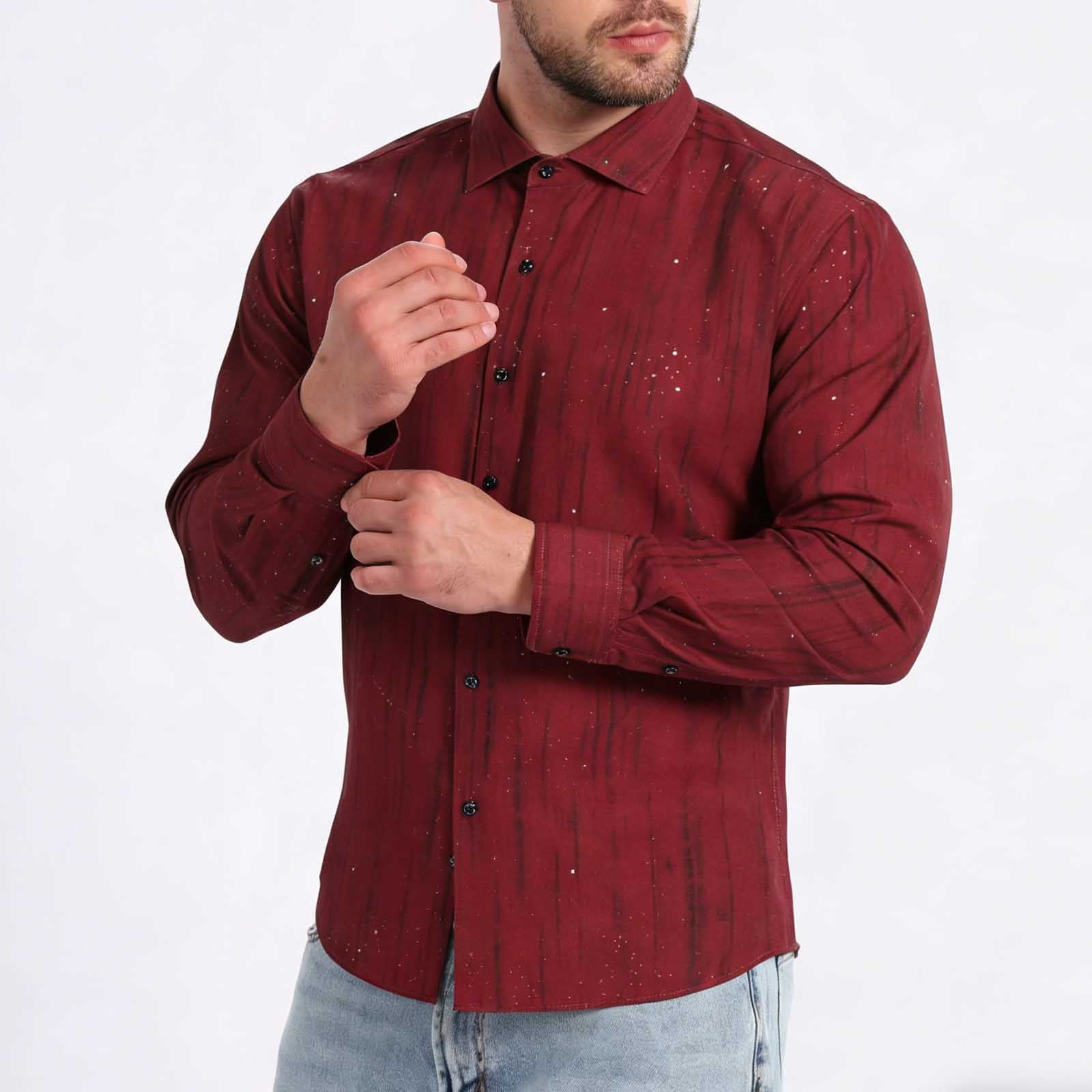 Ceisia Men's Slim-Fit Wine Red Splatter-Print Long-Sleeve Button-Down ...