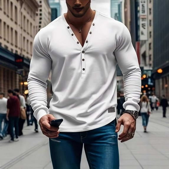 Ceisia Men's Spring Gift Casual Solid Color Long-Sleeve V-Neck Half ...